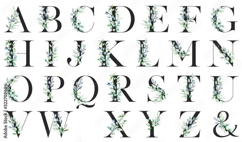 Leaf letters set, watercolor alphabet. Floral monogram initials ...