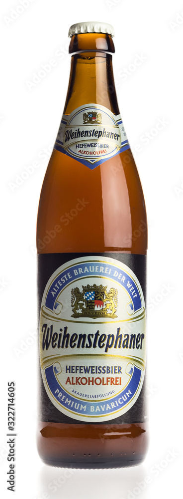 Bottle of non alcoholic Weihenstephaner wheat beer isolated on white ...