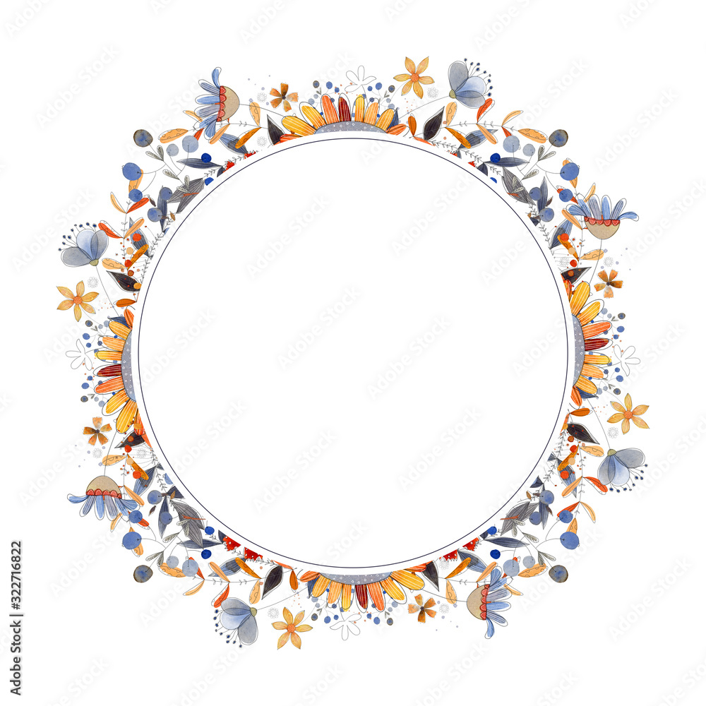 Watercolor summer and spring circle frame with flowers, leaves and ...
