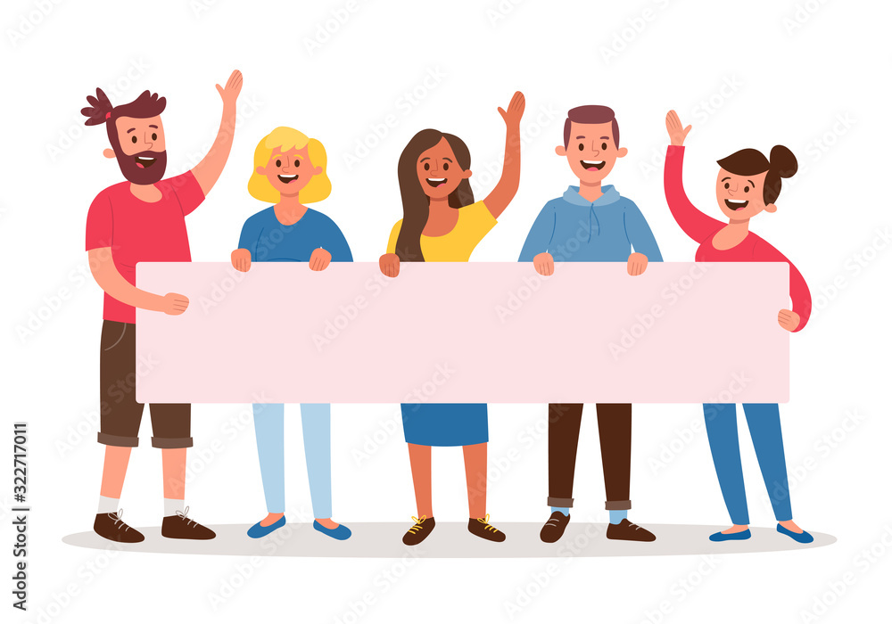 Team of five young people holding a blank banner for text. Announcement ...