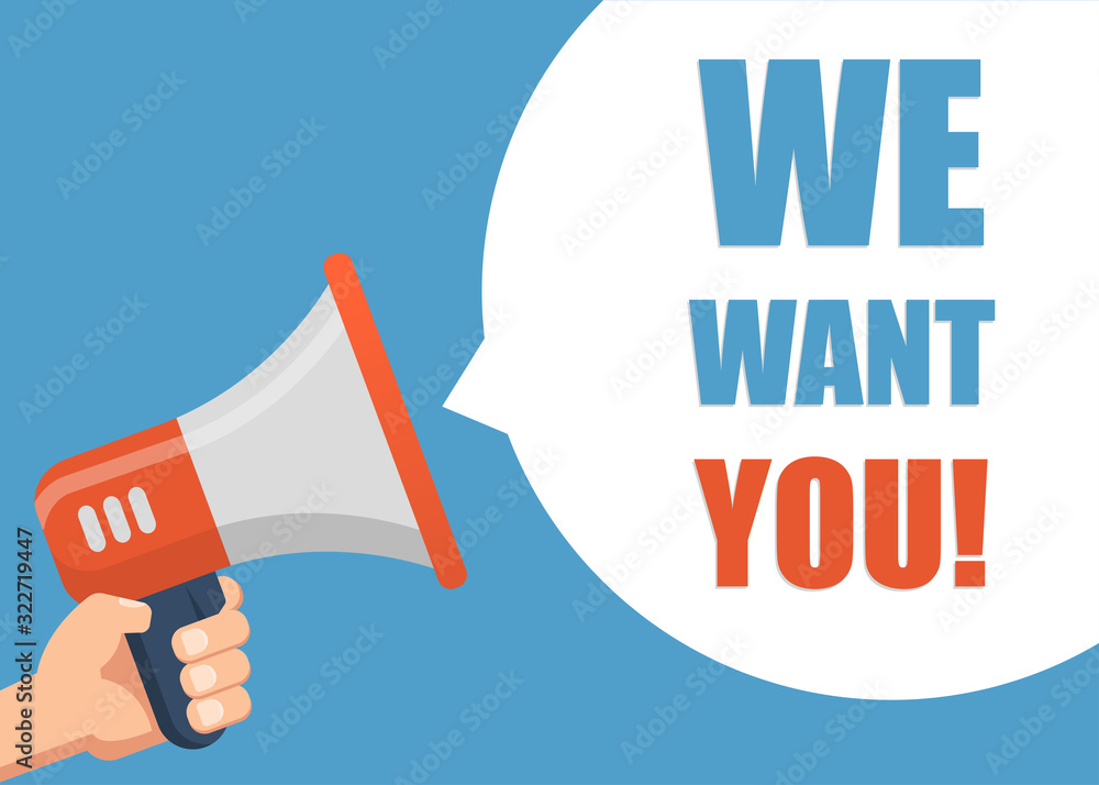 We Want You - Male hand holding megaphone. Flat design. Can be used ...