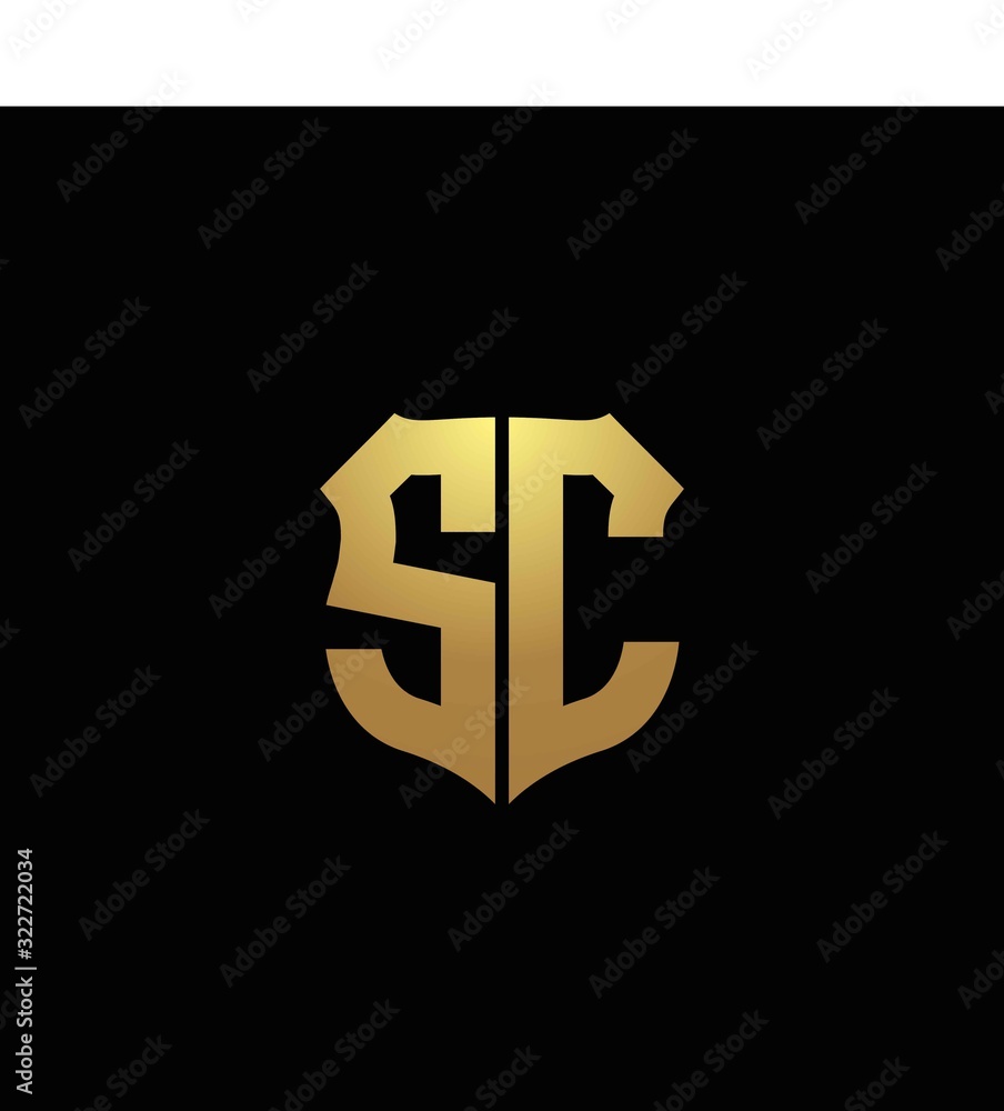 SC logo monogram with gold colors and shield shape design template ...