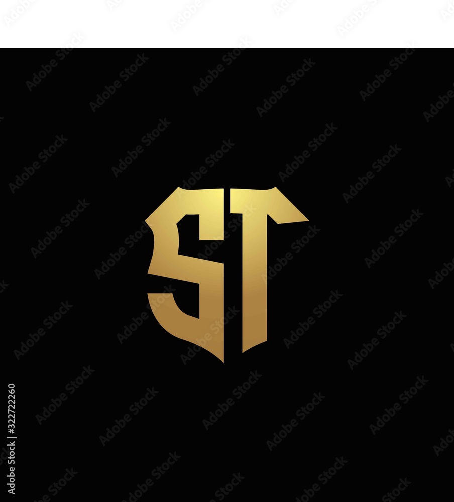 ST logo monogram with gold colors and shield shape design template ...