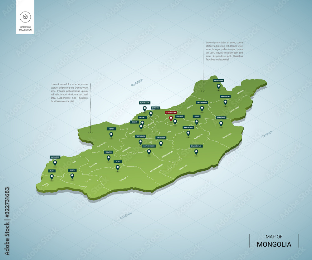 Stylized map of Mongolia. Isometric 3D green map with cities, borders ...