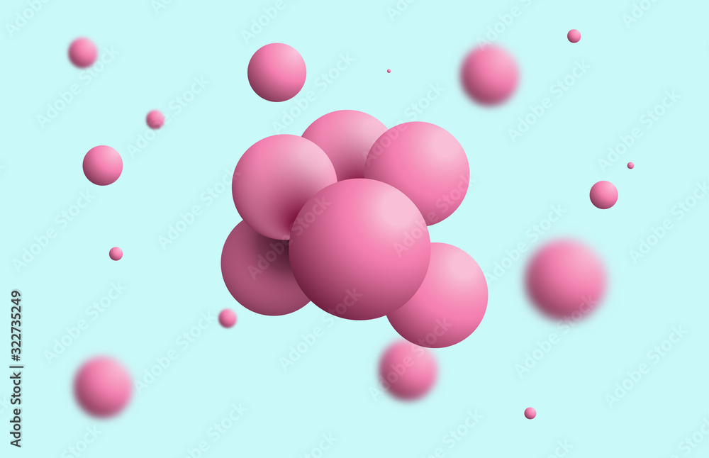 Pink balls of regular round shape resembling molecules lit with light ...