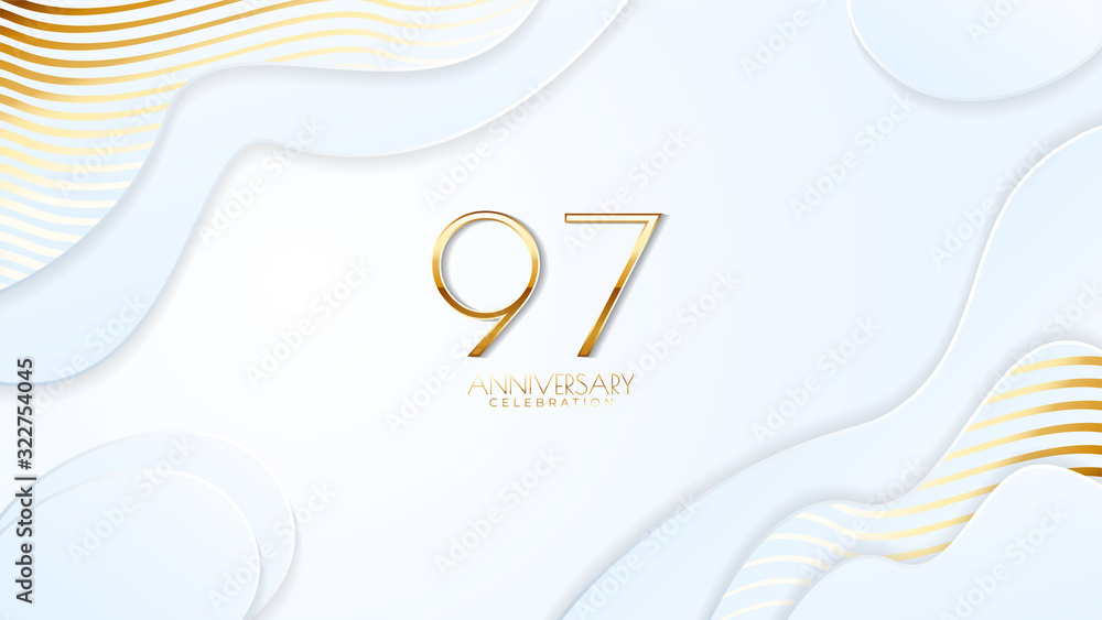 97th anniversary celebration. Golden number with realistic fluid white ...