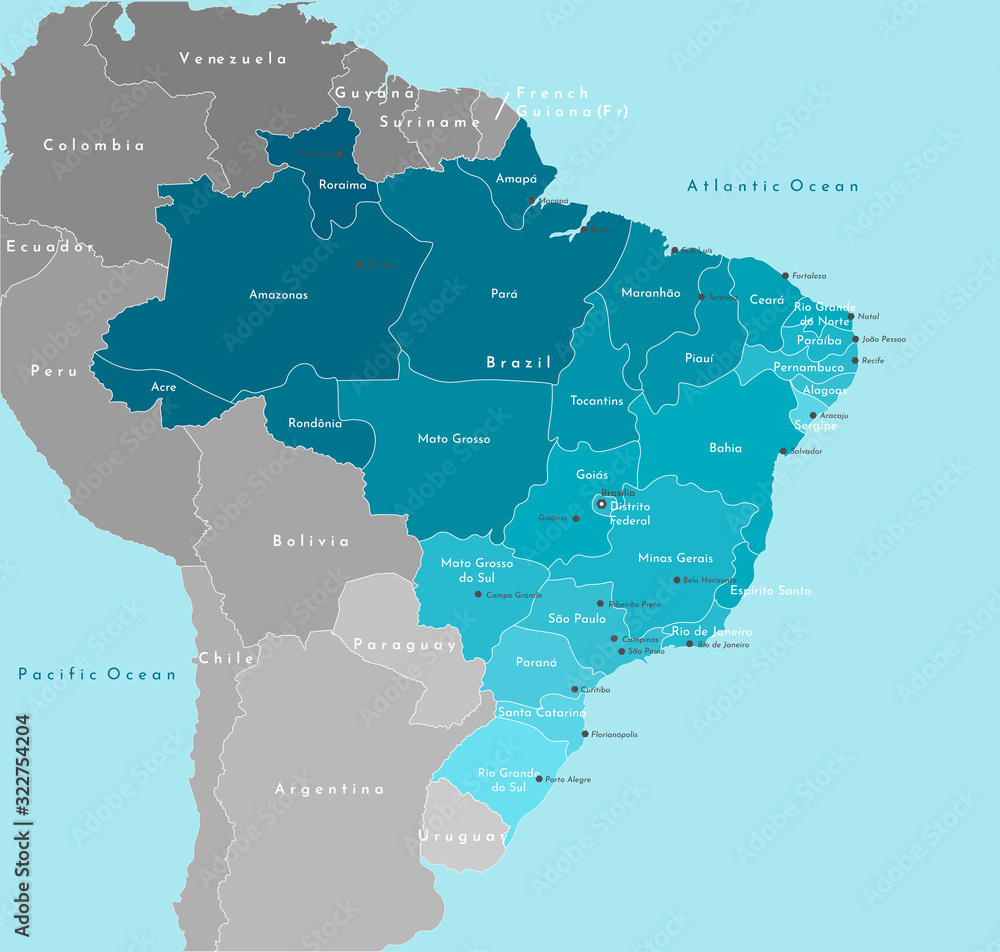 Vector modern illustration. Simplified geographical map of Brazil and ...