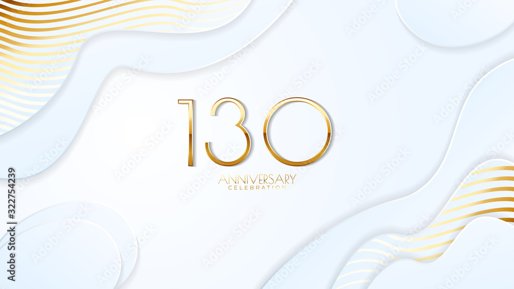 130th anniversary celebration. Golden number with realistic fluid white ...