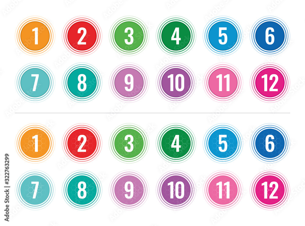 vector 1-12 numbers. numbers in colorful circles. numbers on honeycomb ...