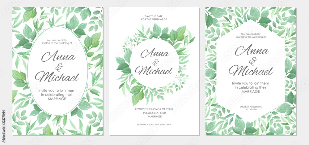 Wedding invitation with green leaves border. Floral invite modern card ...