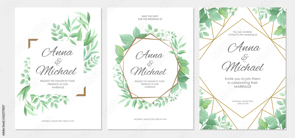 Wedding invitation with green leaves geometric border. Floral invite ...