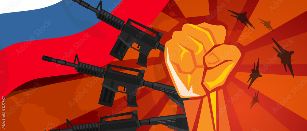 Russia war propaganda hand fist strike with arm weapon plane and flag ...