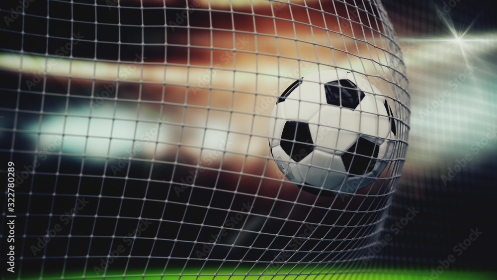 Slow motion of a soccer ball flying into the net. 3D animation closeup ...