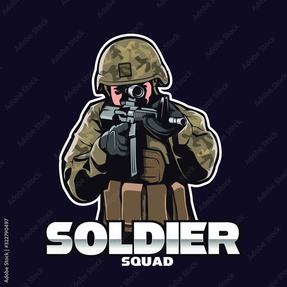 soldier holding gun isolated on dark barkground, mascot logo for team ...