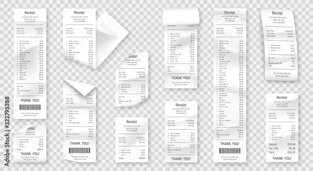 Set of paper receipts isolated on transparent background. Realistic ...