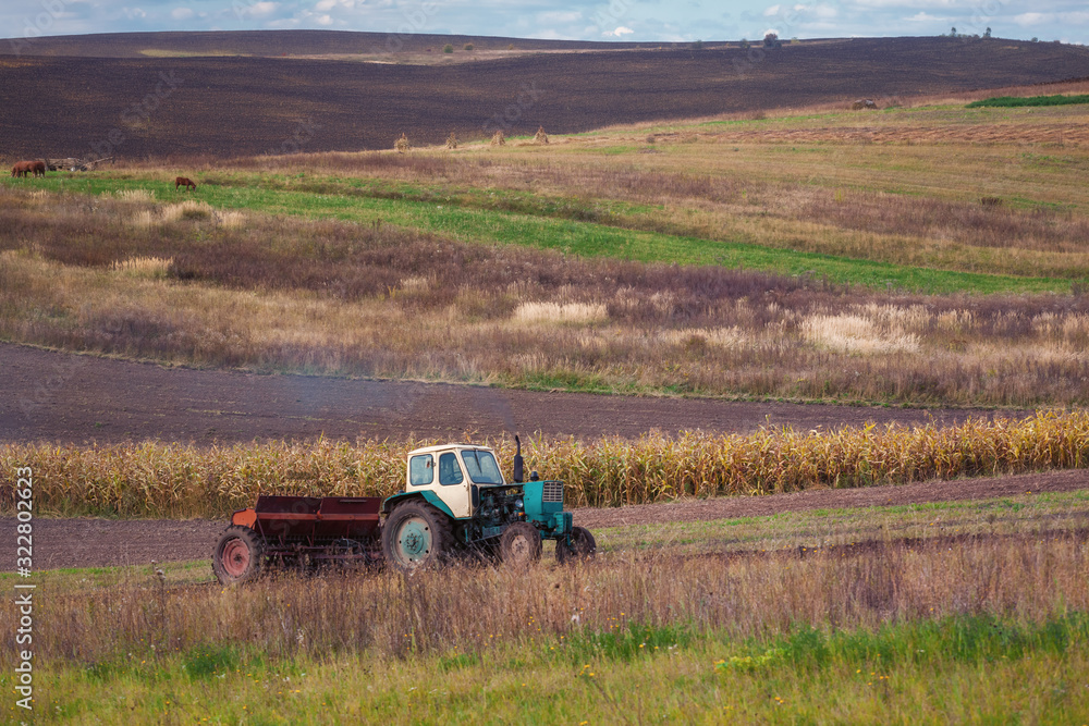 Tractor with cultivator handles field before planting. Preparing land ...