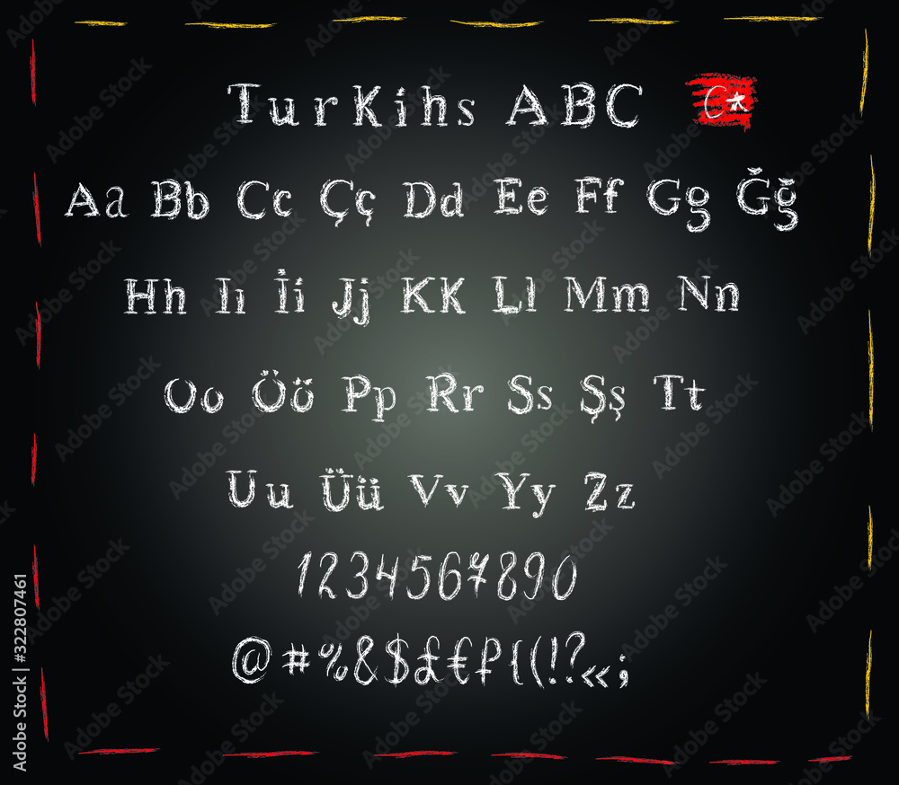 Turkish chalk alphabet uppercase, lower case , numbers and symbols ...
