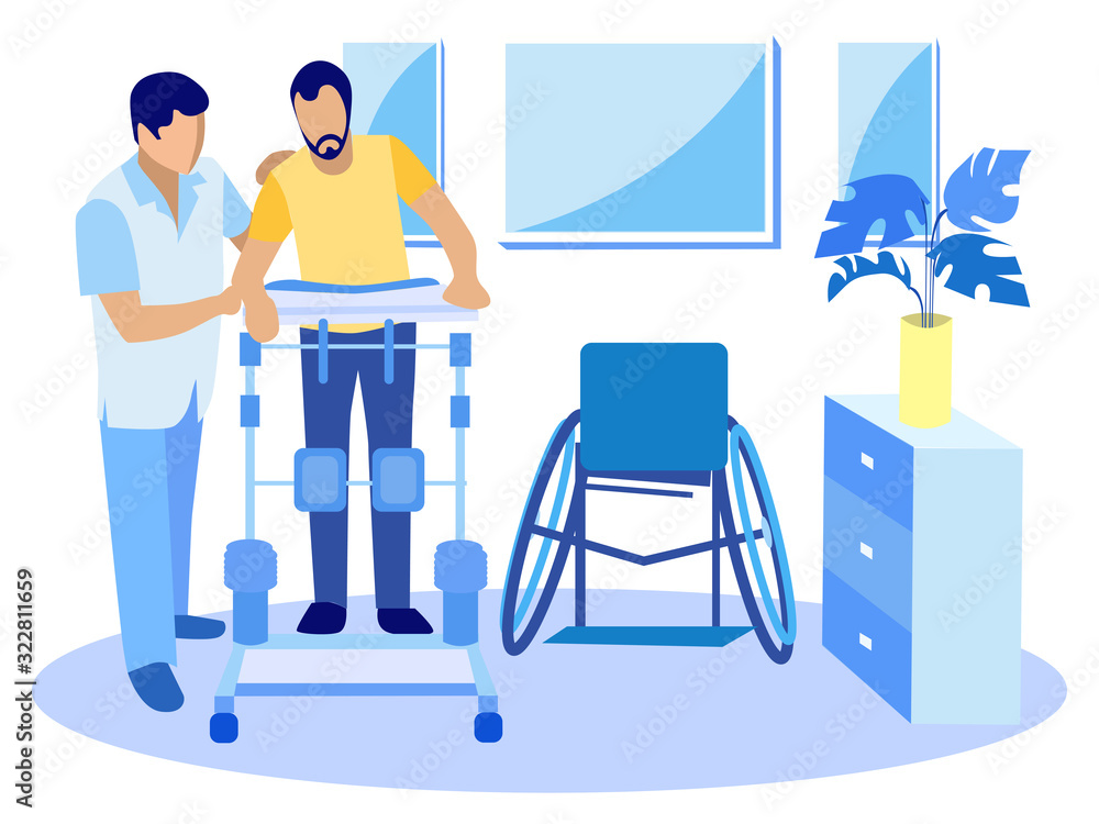 Disabled Paralyzed Man Character Training in Gym Machine for Legs under ...