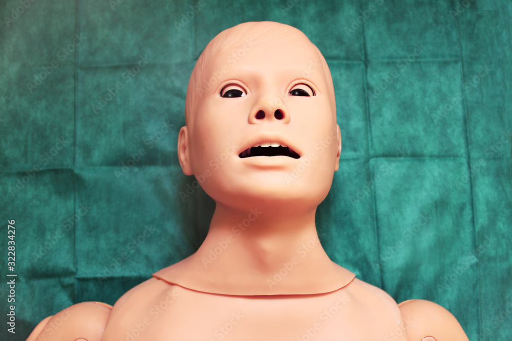 The head and shoulders of a lying training dummy with parted lips Stock ...