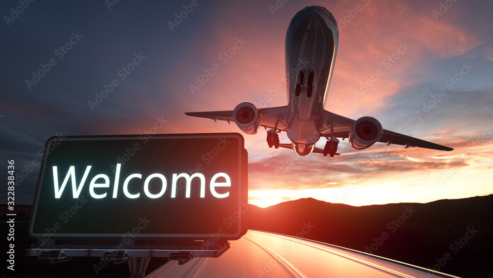 Welcome Green Road Sign and Airplane Above with Dramatic Blue Sky and ...