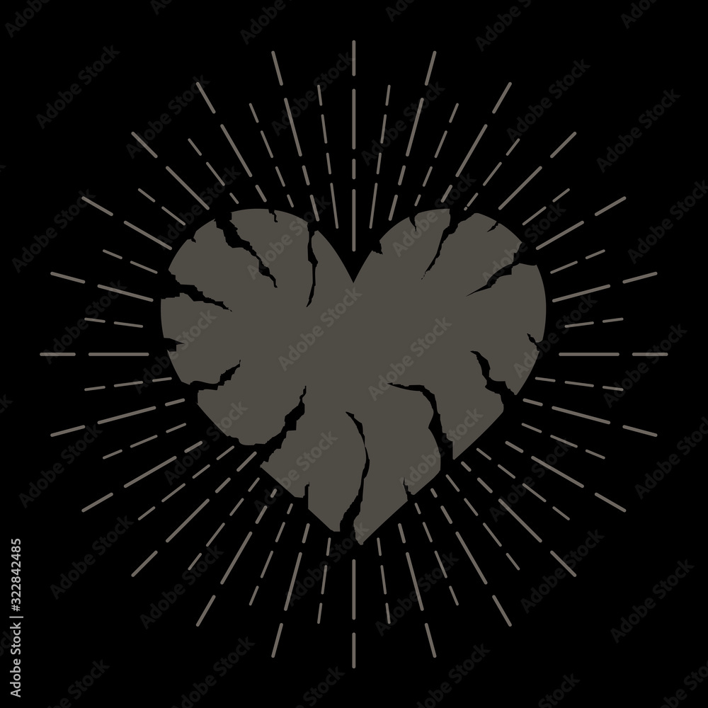 Cracked heart icon with radial rays isolated on black background. Heart ...