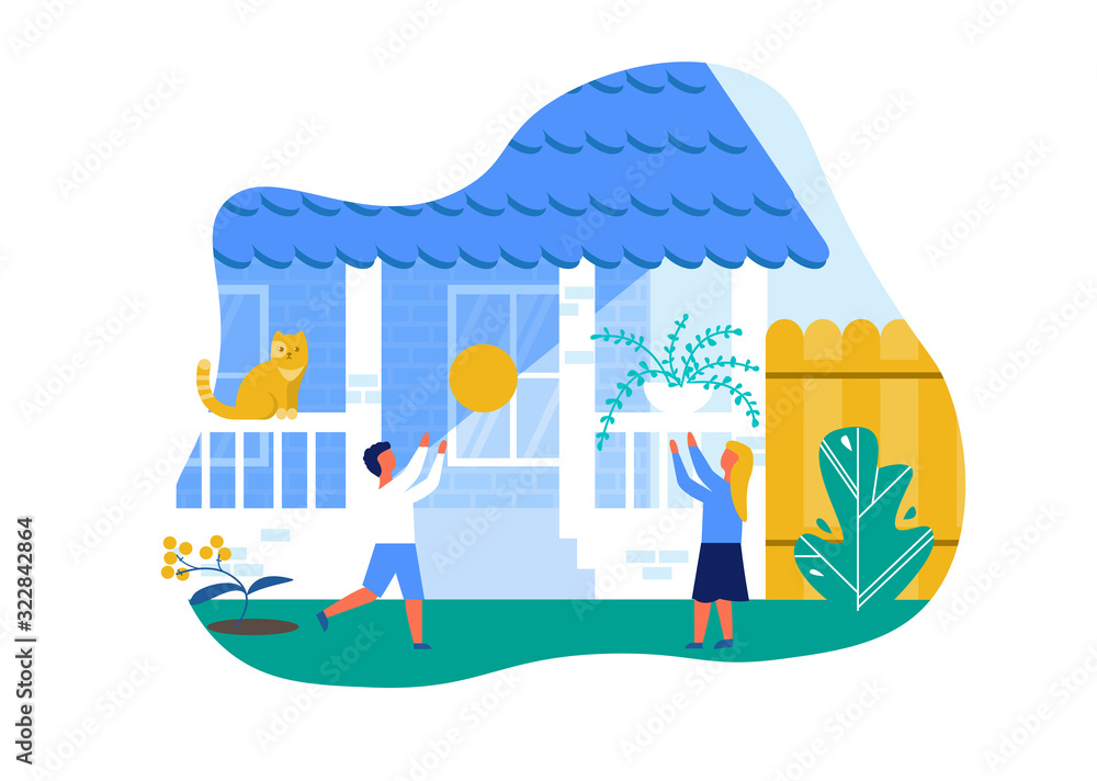 Children Playing on Private House Backyard with Ball Cartoon Flat ...
