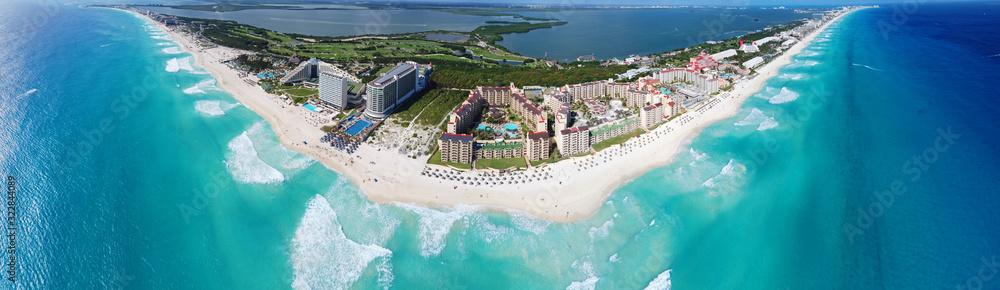 Cancun beach and hotel zone panorama aerial view, Cancun, Quintana Roo ...