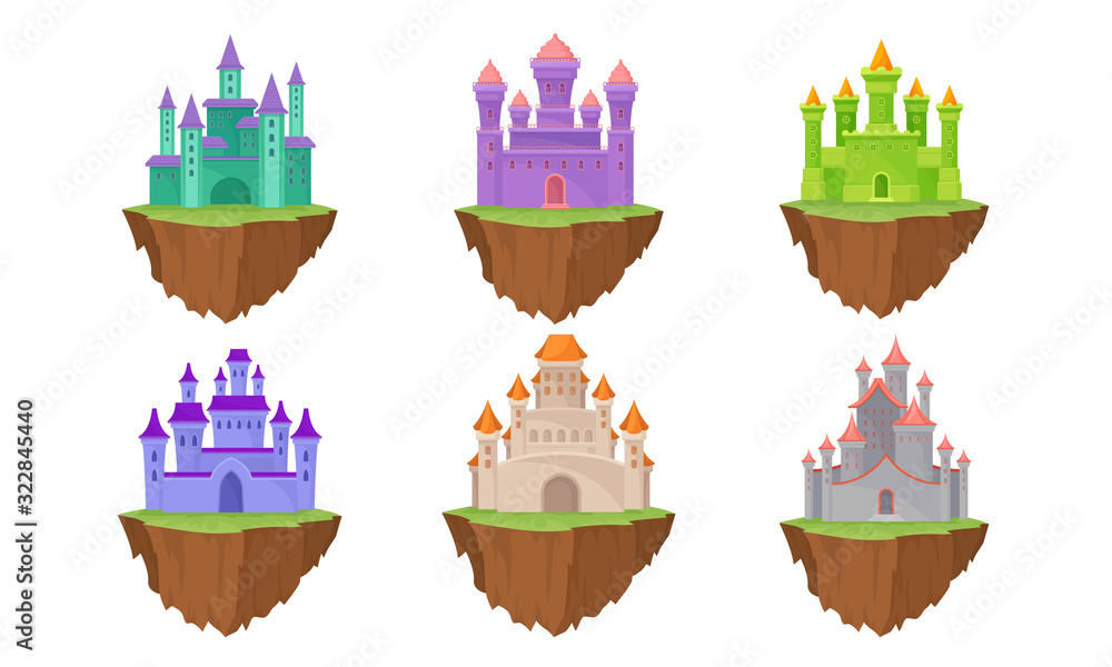 Fantasy Castles and Fortresses Floating in the Air Standing on Clot ...