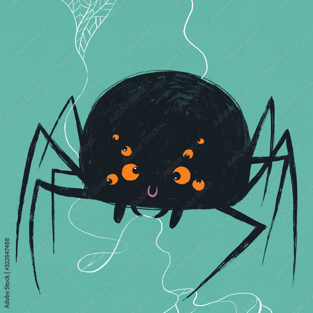 Cartoon Spider Arachnid with Googly Eyes and Spiderweb on Turquoise ...