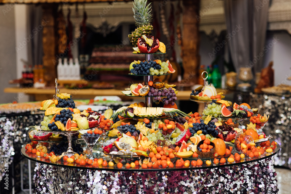 Catering table with different kind of fruits. Wedding reception ...