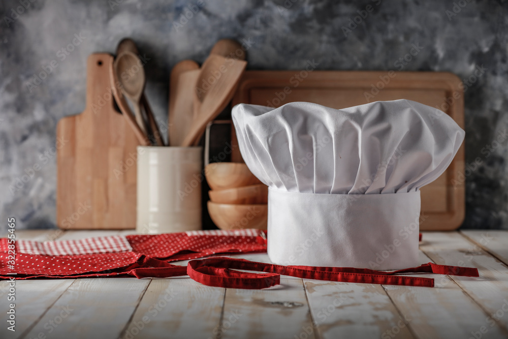 White cook hat in kitchen and free space for your decoration Stock ...