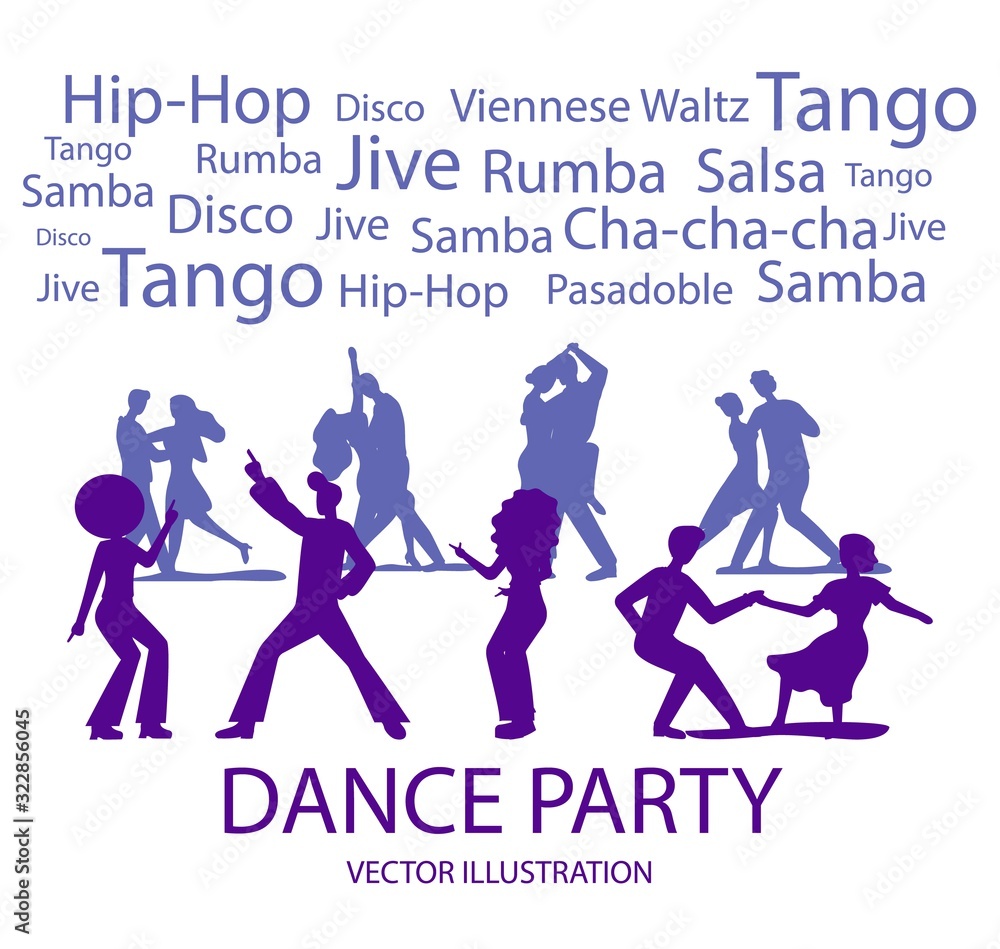 Dance Party Banner with Dancing People Silhouette on White Background ...