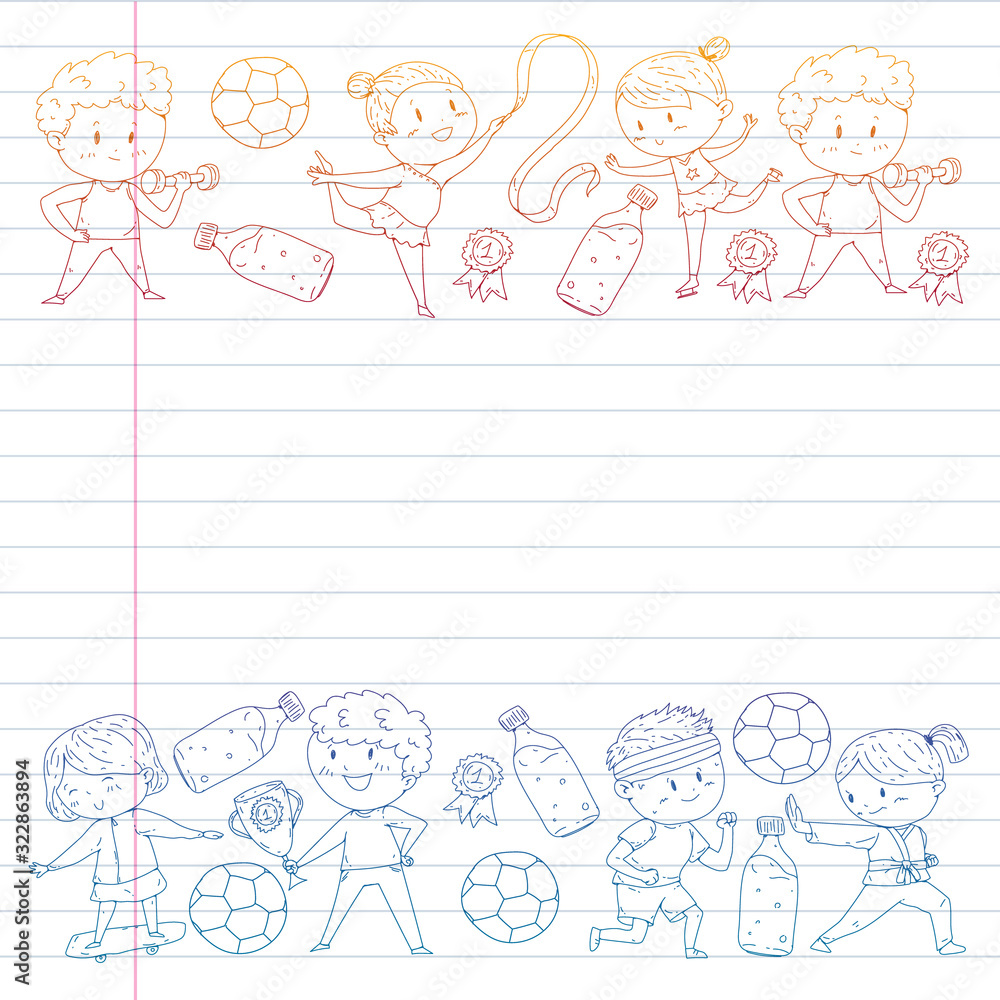 Children and sport. Vector illustration of activities. Football, soccer ...