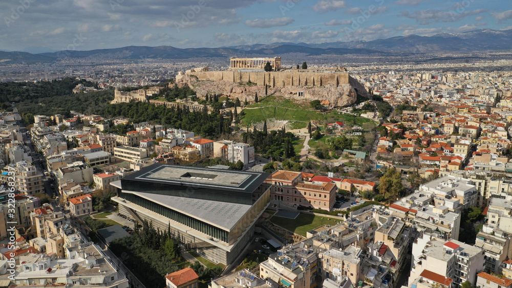 Aerial photo taken by drone of iconic new modern Acropolis museum, Acropolis hill and the ...
