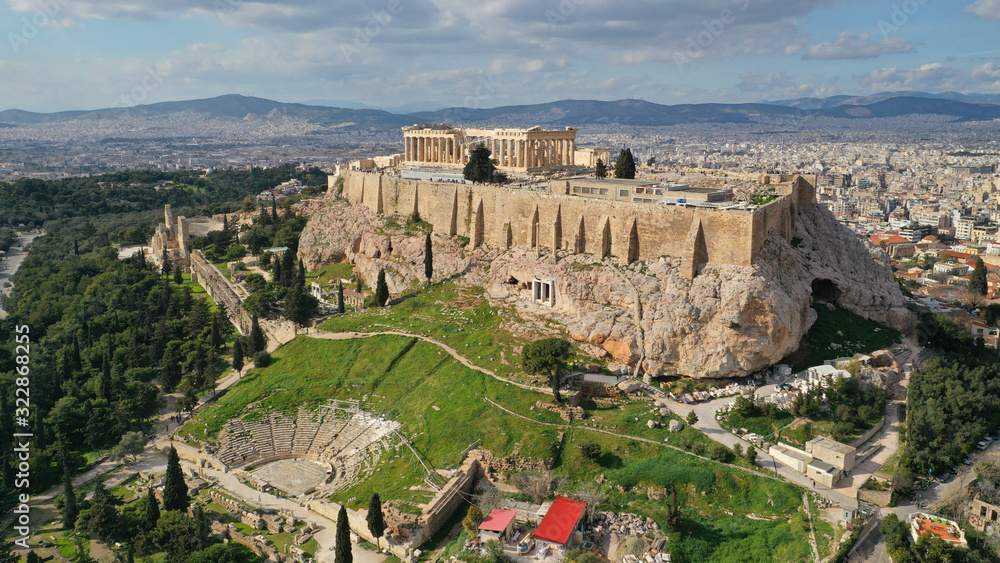 Aerial drone photo of Masterpiece Acropolis hill and the Parthenon and theatre of Dionysus seen ...