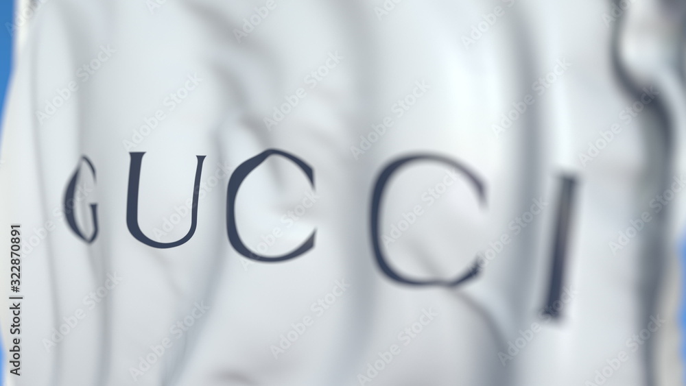 Waving flag with Gucci logo, close-up. Editorial 3D rendering Stock ...