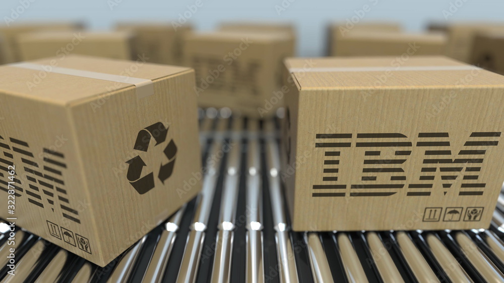 Carton boxes with IBM logo move on roller conveyor. Realistic 3D ...