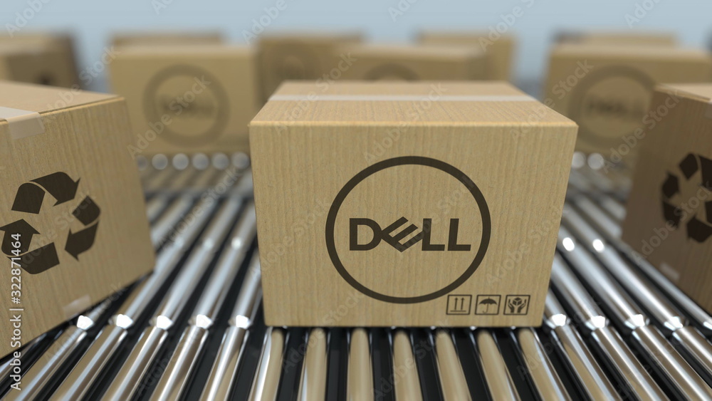 Carton boxes with DELL logo move on roller conveyor. Realistic 3D ...