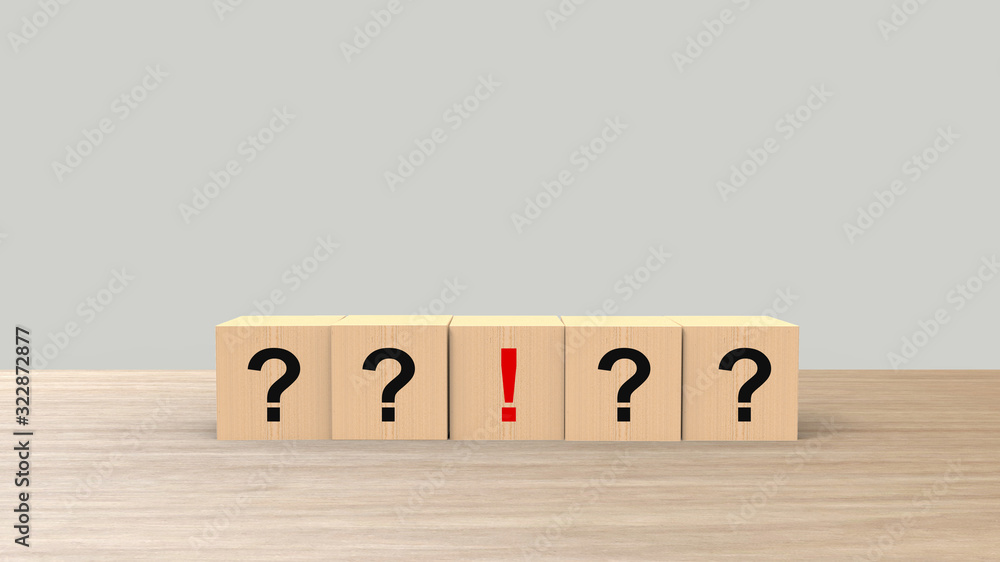 red exclamation mark and black question marks symbols word Wooden cubes ...