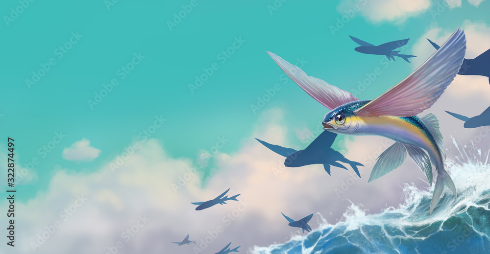 A flock of flying fish on a wave. Realistic illustration background ...