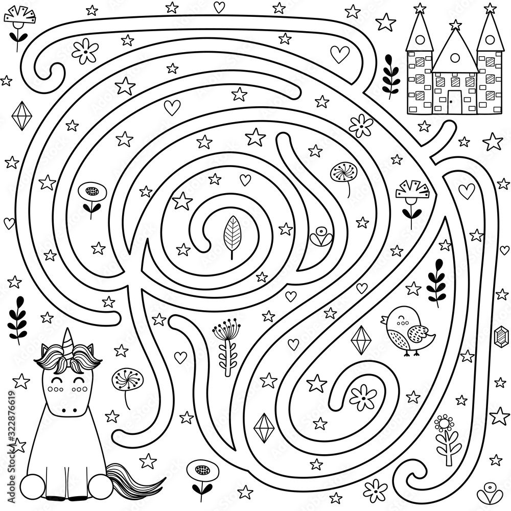 Black and white maze game and coloring page for kids. Help the unicorn ...
