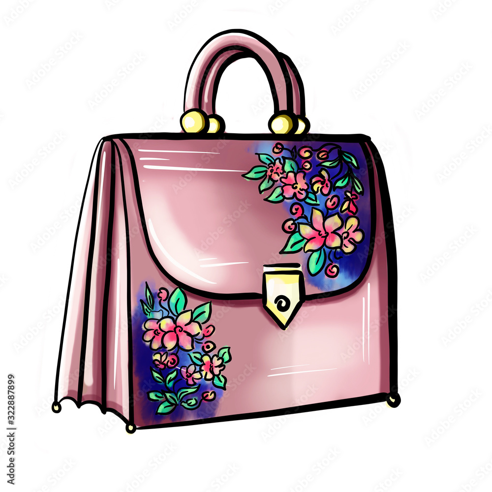 Fashion illustration watercolor sketch pink bag on white background ...
