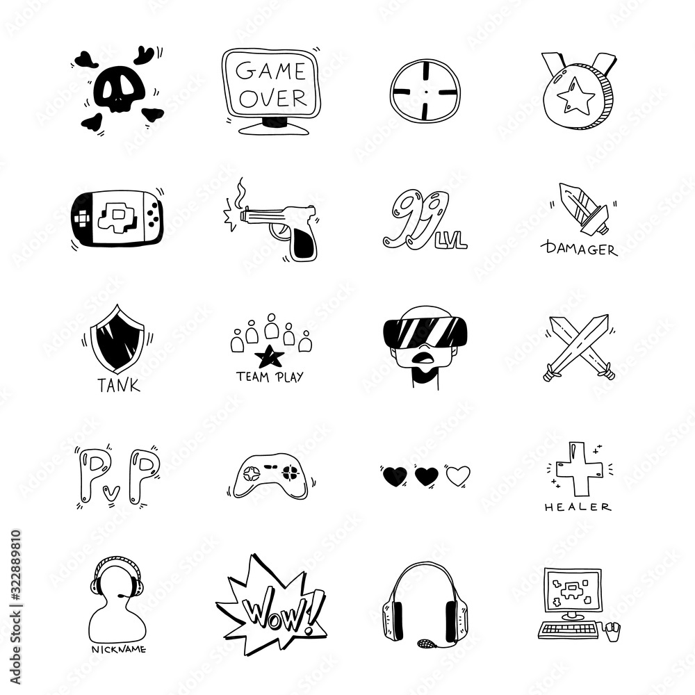 Hand drawn gamer icon set in doodle style. Set of vector signs about ...