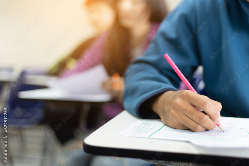 soft focus.high school,university student study.hands writing paper ...