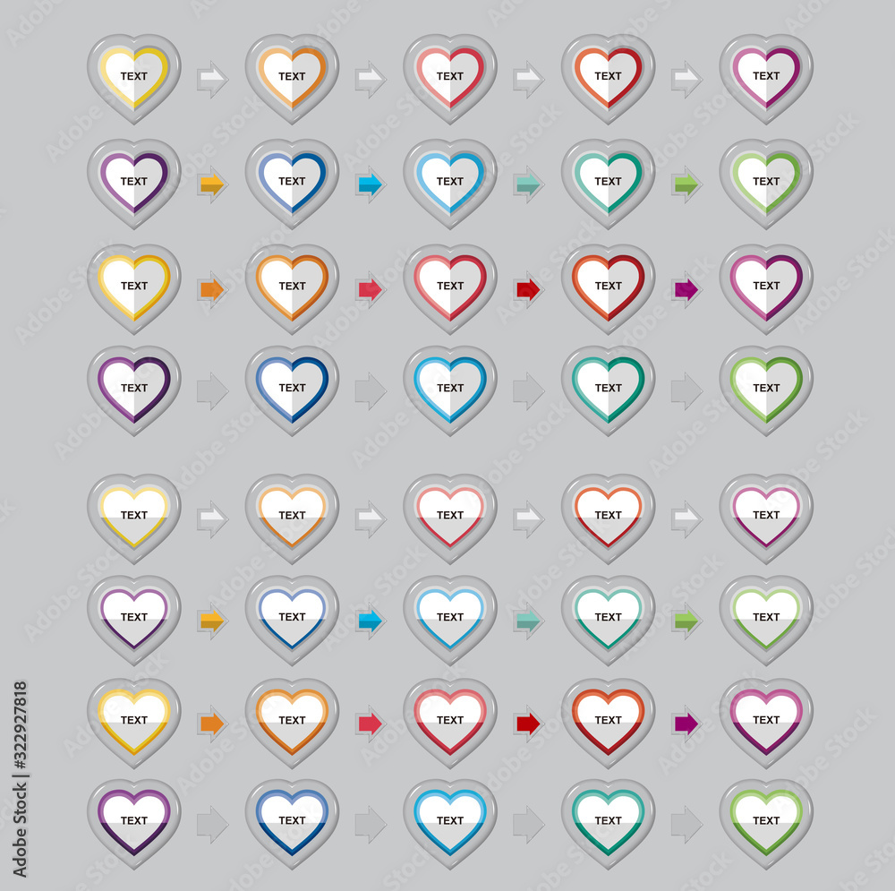 Heart shape icons for writing text.Button icons for various colors for ...