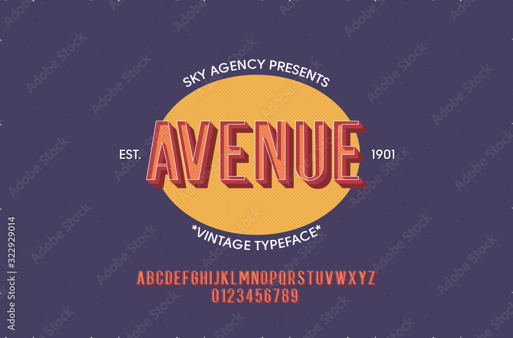 Vintage style font and alphabet for different designs. Avenue typeface ...