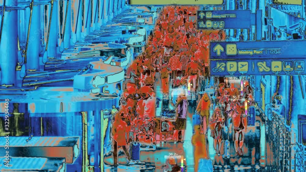 Thermal imaging simulation scanning body heat signature of arriving ...