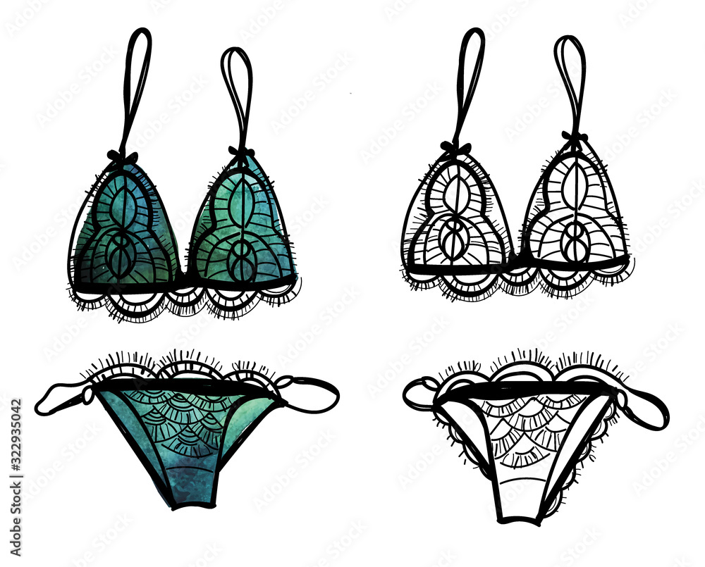 Beautiful lingerie. A set of images with a paint texture. Drawing by ...
