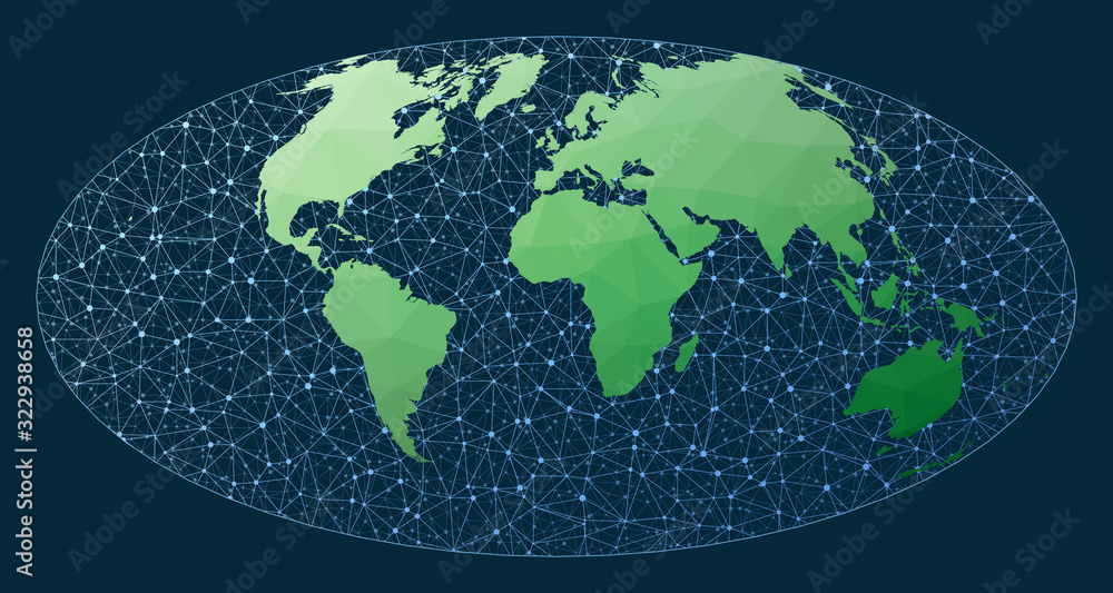 Network map of the world. Aitoff projection. Green low poly world map ...