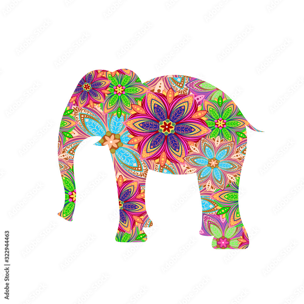 Elephant. Silhouette of an animal with a pattern of flowers. Stock ...